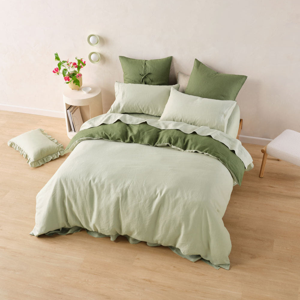 Nimes Moss-Wasabi Duet Linen QUILT COVER SET by Linen House | Planet Linen